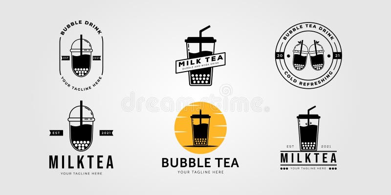 Set of Milk Tea or Thai Tea Logo or Bundle of Bubble Drink Symbol ...