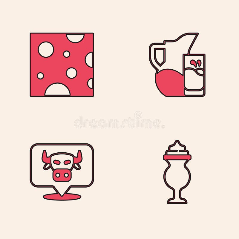 Set Milkshake, Cheese, Jug or Pitcher and Glass and Cow Head Icon ...