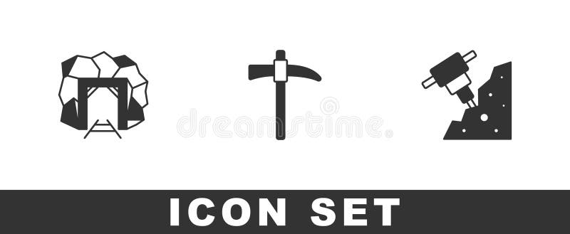 Set Mine Entrance, Pickaxe and Construction Jackhammer Icon. Vector ...