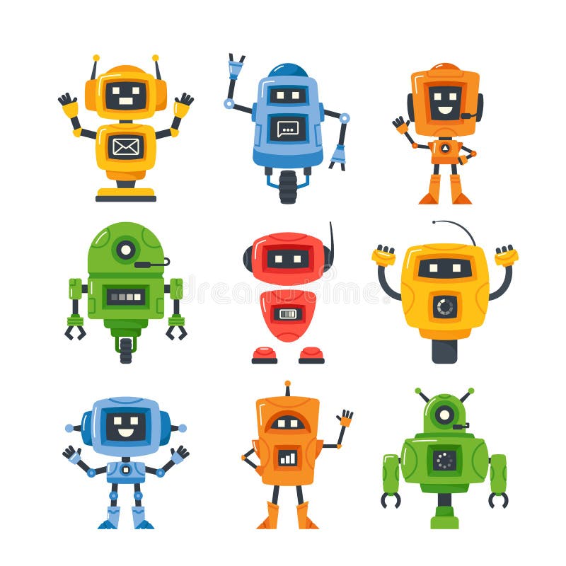 Set of Mini Robots, Droids or Chatbot Characters, Cyborgs with Friendly ...