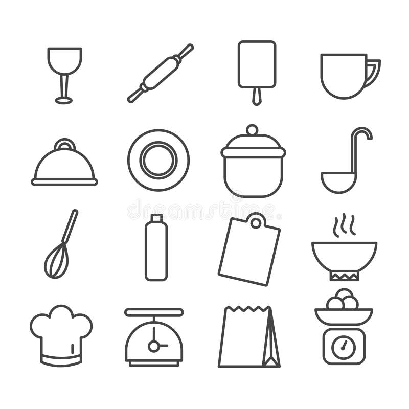 Set of Minimal Kitchen Tools and Bakery Icons. Cute Food and Cooking ...