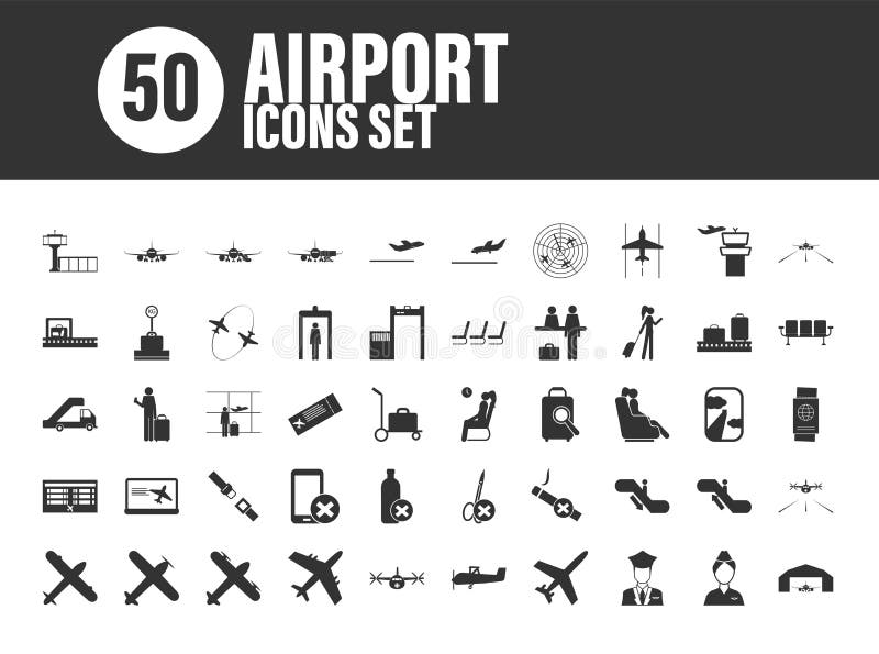 Set of 50 Minimal and Solid Airport Icons on White Background Stock ...