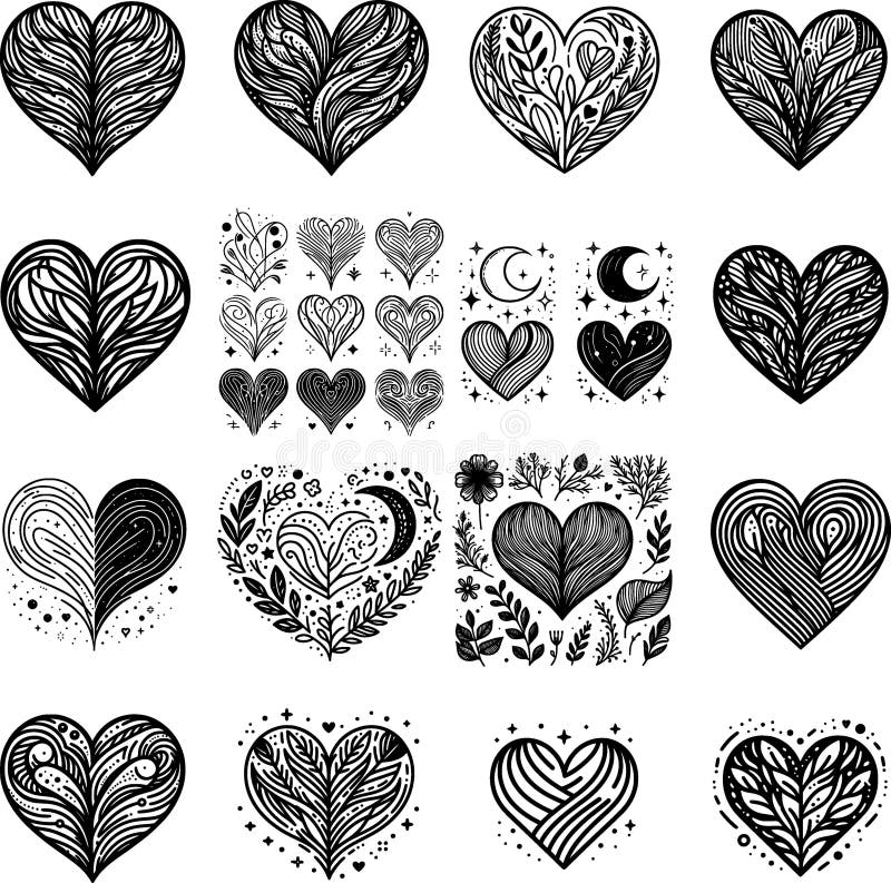 Set of Minimalist Heart Shape Line Art in Black and White for Romantic ...