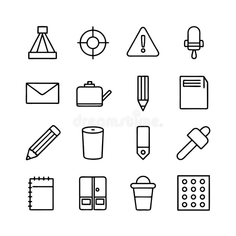 Set of Minimalist Line Icons Representing Office Supplies, Tools and ...