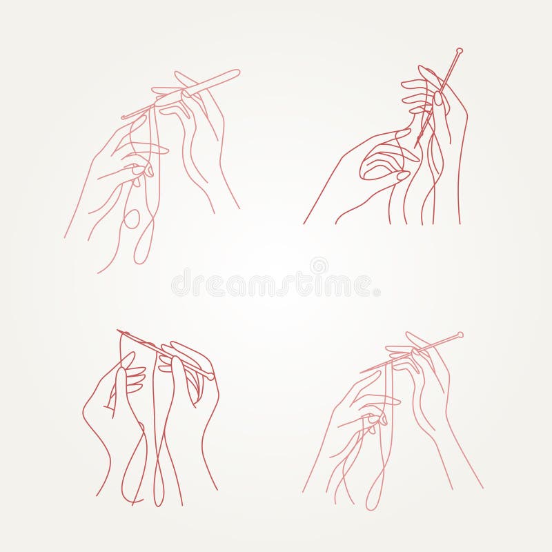 Set of Minimalist Woman S Hands Knitting Thread Using Needle Line Art ...