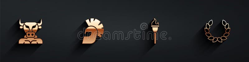 Set Minotaur, Greek Helmet, Torch Flame and Laurel Wreath Icon with ...