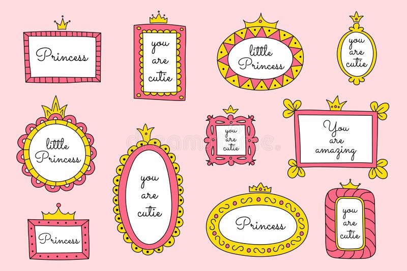 A Set of Mirror Frames with Princess Crowns. Vector Hand Drawn Doodle ...