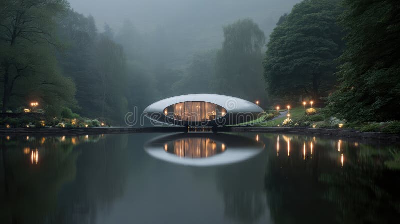 Futuristic Ring Structure on Water in Forest Mist Stock Illustration ...