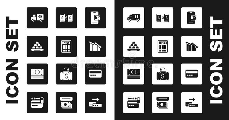 Set Mobile Banking, Calculator, Gold Bars, Armored Truck, Financial Growth Decrease, Money ...