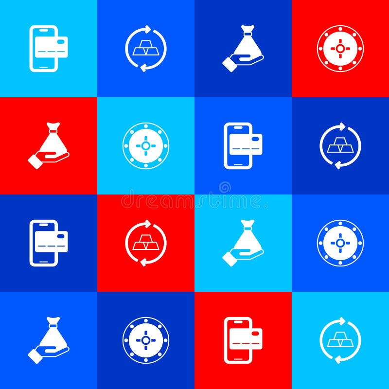 Set Mobile Banking, Gold Bars, Money Hand and Safe Icon. Vector Stock ...