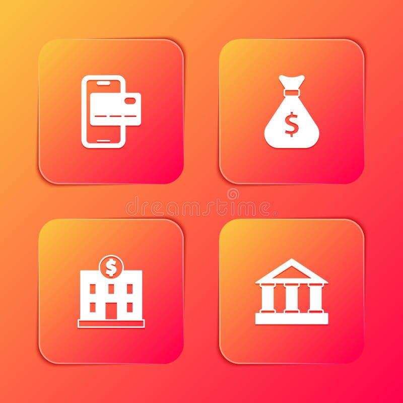 Set Mobile Banking, Money Bag, Bank Building and Icon. Vector Stock ...