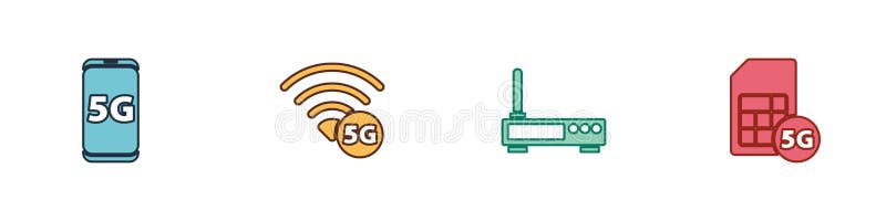 Set Mobile with 5G Network, , Router and Wi-fi Signal and Sim Card Icon ...