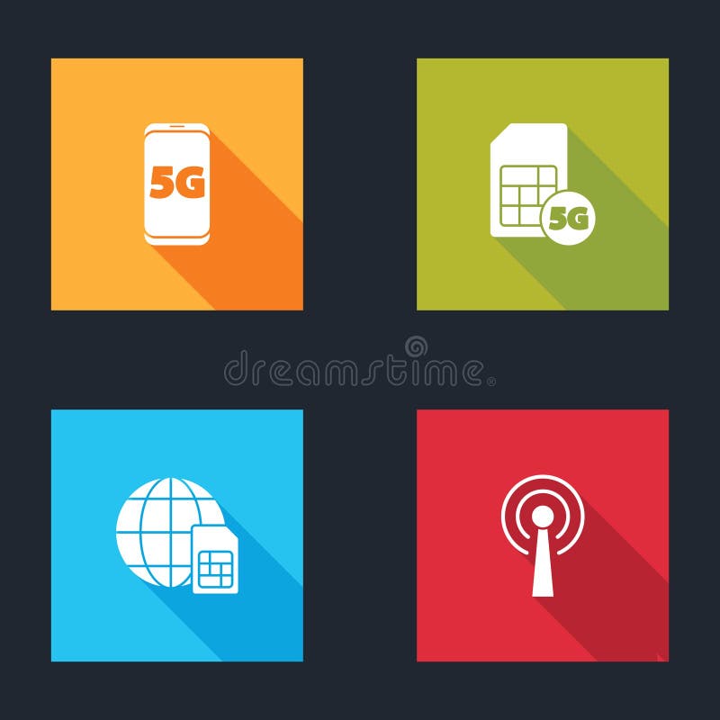 Set Mobile with 5G Network, Sim Card, Globe and Antenna Icon. Vector ...