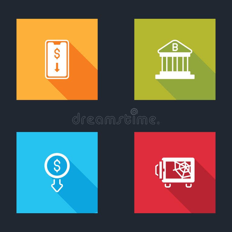Set Mobile Stock Trading, Bank Building, Dollar Rate Decrease and Safe Icon. Vector Stock Vector ...