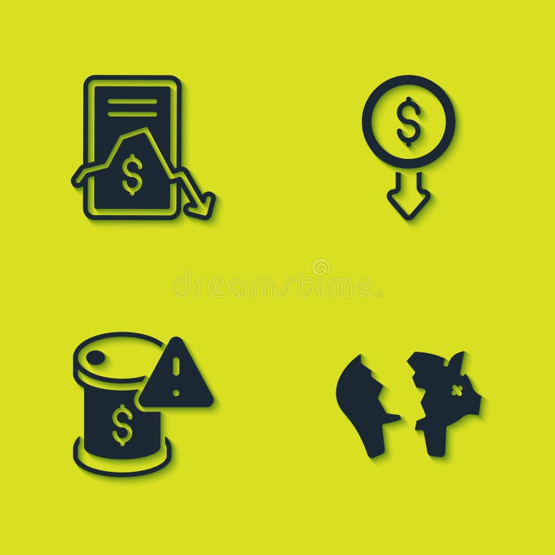 Set Mobile Stock Trading, Broken Piggy Bank, Drop Crude Oil Price and Dollar Rate Decrease Icon ...