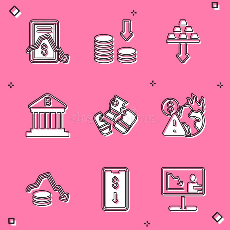 Set Mobile Stock Trading, Dollar Rate Decrease, Gold Bars, Bank Building, Credit Card, Global ...