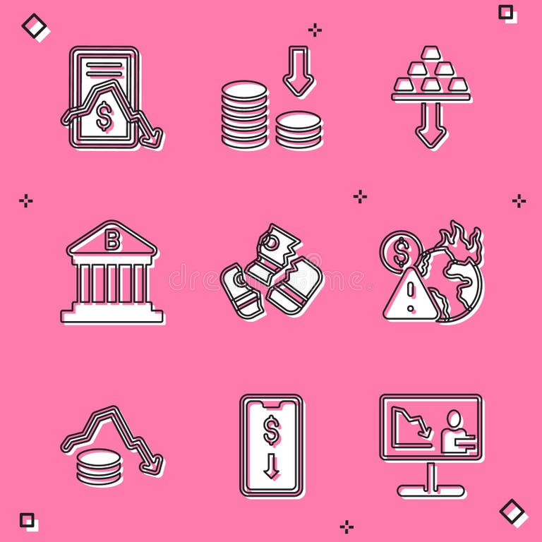 Set Mobile Stock Trading, Dollar Rate Decrease, Gold Bars, Bank Building, Credit Card, Global ...
