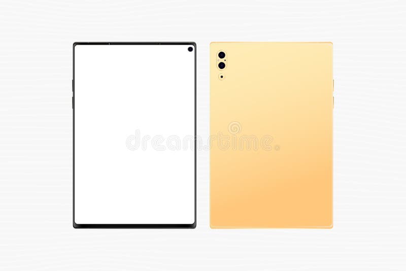 Set Mock-up of Gold Realistic Tablet. Front Side with Screen and Back ...