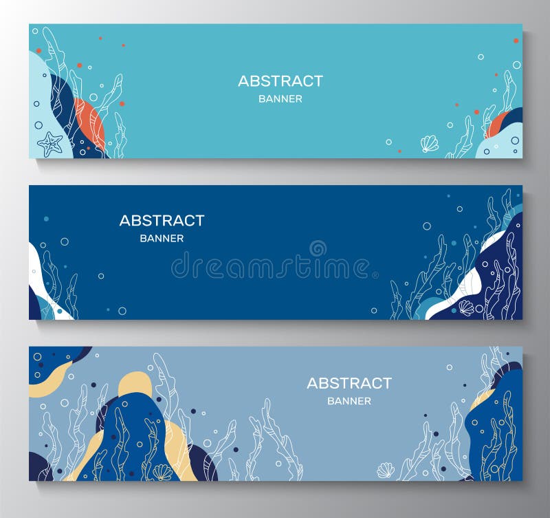 Set of Modern Abstract Banner with Seaweed, Bottom, Bubbles. Design for ...