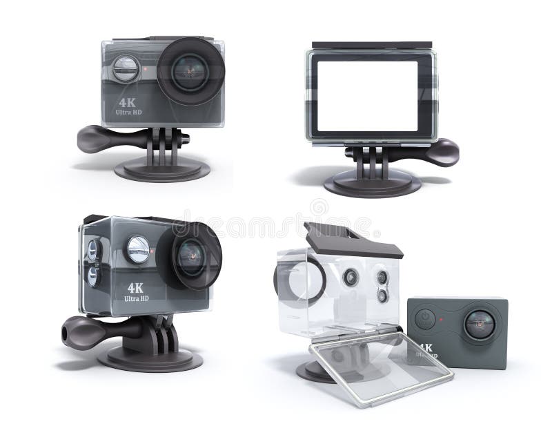 Set of Modern Camera Action Cam 3d Render on a White Background Stock ...