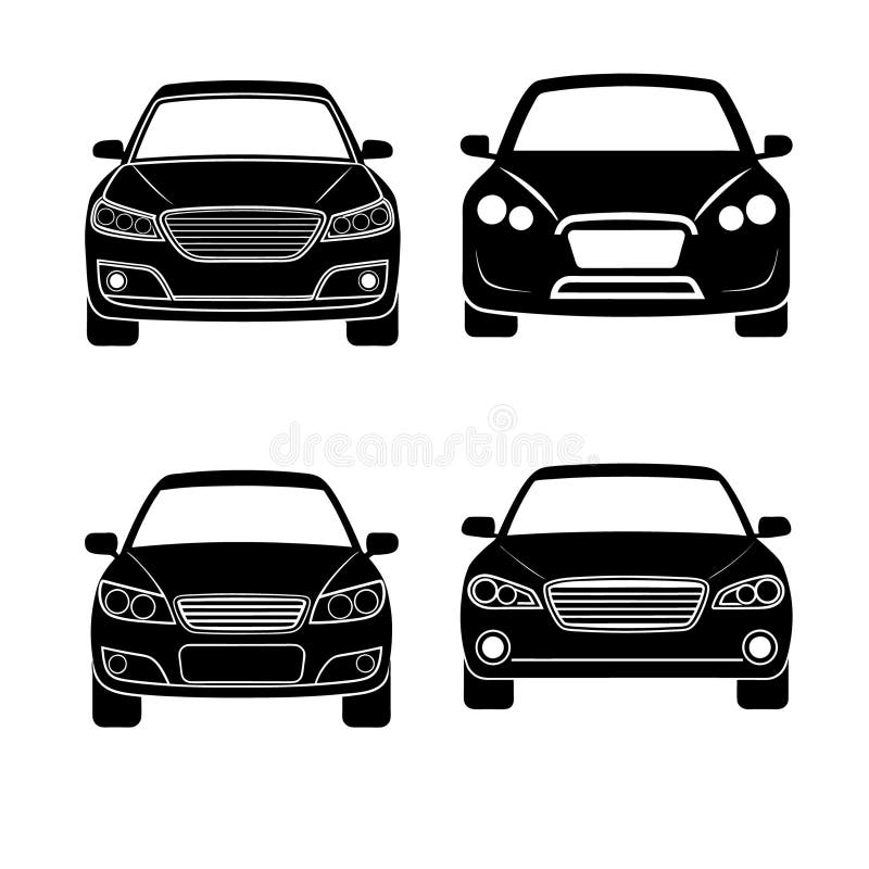 Set of Modern Car Front Views Silhouettes Stock Vector - Illustration ...