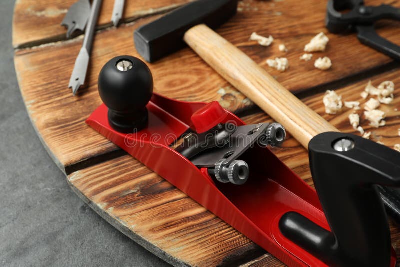 Set of Modern Carpenter`s Tools on Table Stock Image - Image of drill ...