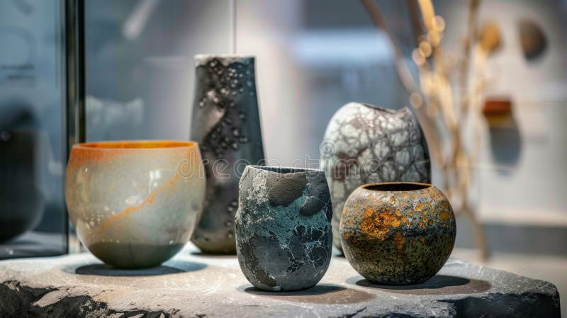 Set of Modern Ceramic Vases with Artistic Designs on Display Stock ...