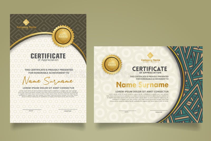 Set Vertical and Horizontal Certificate Template with Geometry Texture on Curve Ornament and ...