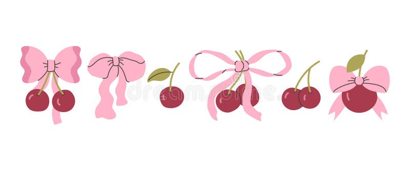 Set of Modern Cherries and Hand-drawn Bows Stock Vector - Illustration ...