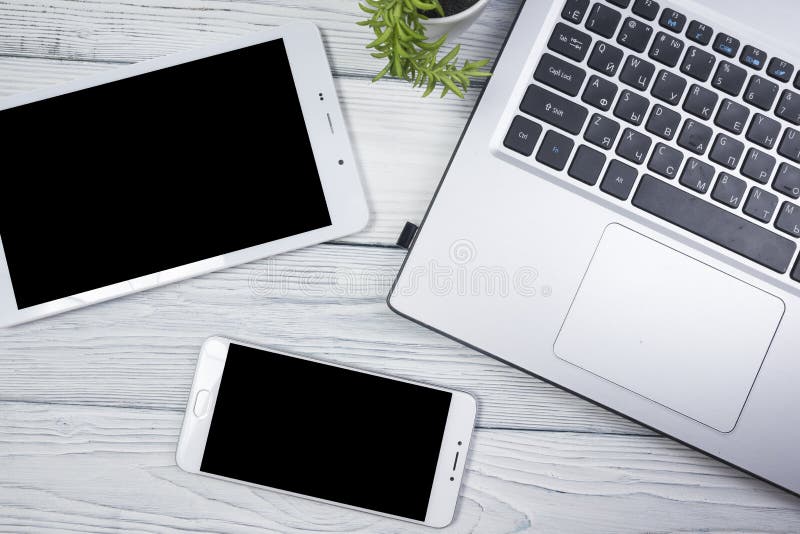 Set of Modern Computer Devices - Laptop, Tablet and Phone Close Up ...