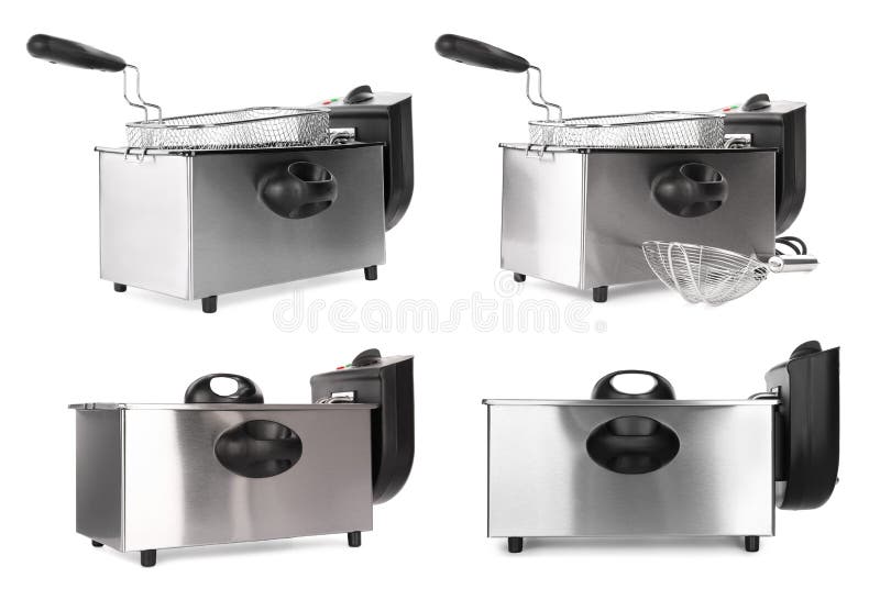 Set with Modern Deep Fryers on White Background Stock Image - Image of ...