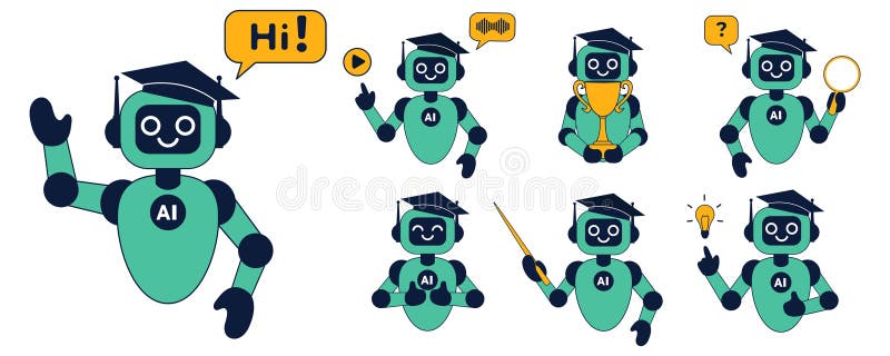 Set Modern Flat Illustrations of Cute Ai Robot, Chatbot in School ...