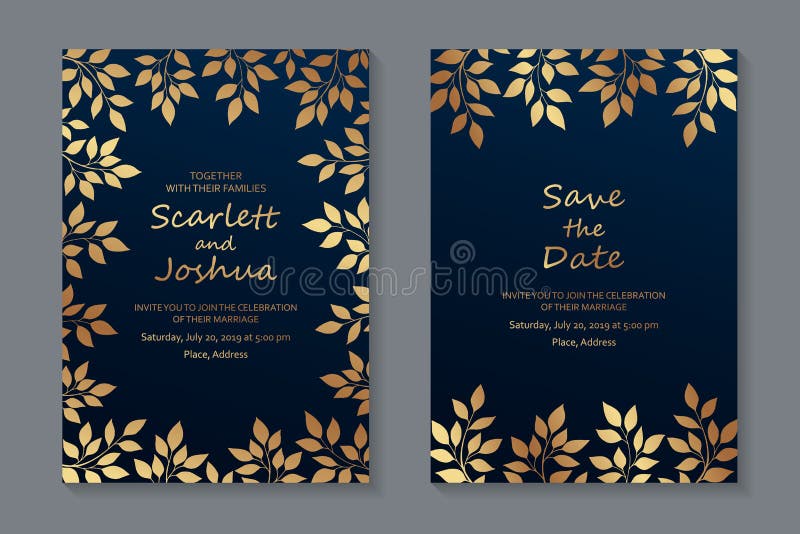 Modern Navy Blue Luxury Wedding Invitation Design With Golden Feathers
