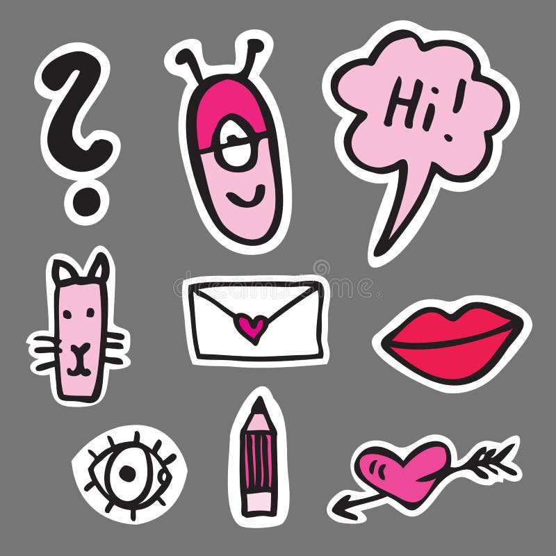 Set of Modern Hand Drawn Pink Stickers, Design Elements. Stock ...