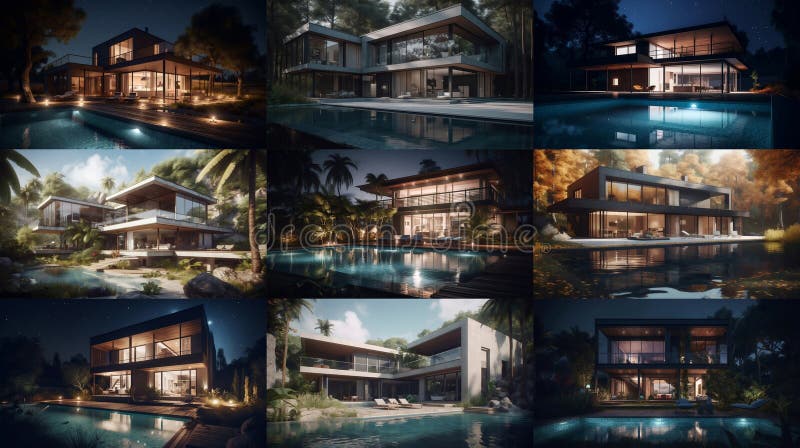 Set of Modern House Exterior Design Backgrounds Stock Image - Image of ...