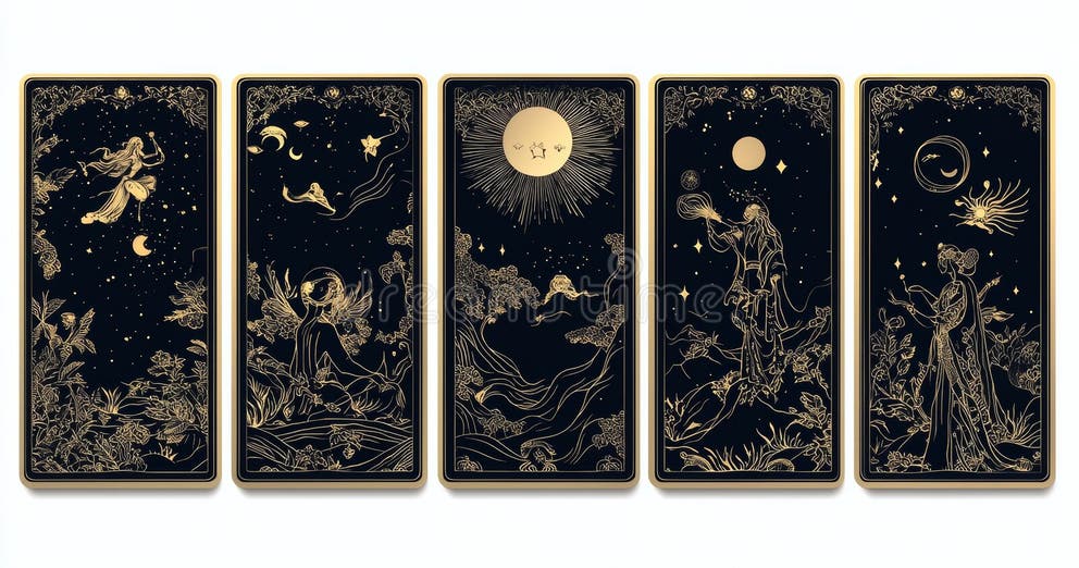A Set of Modern Illustrations Featuring an Esoteric Tarot Reader with ...