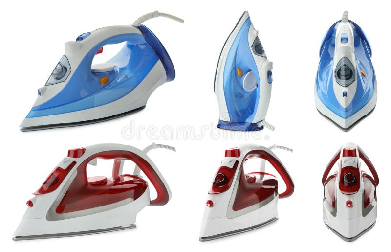 Set with Modern Irons on White Background Stock Photo - Image of ...