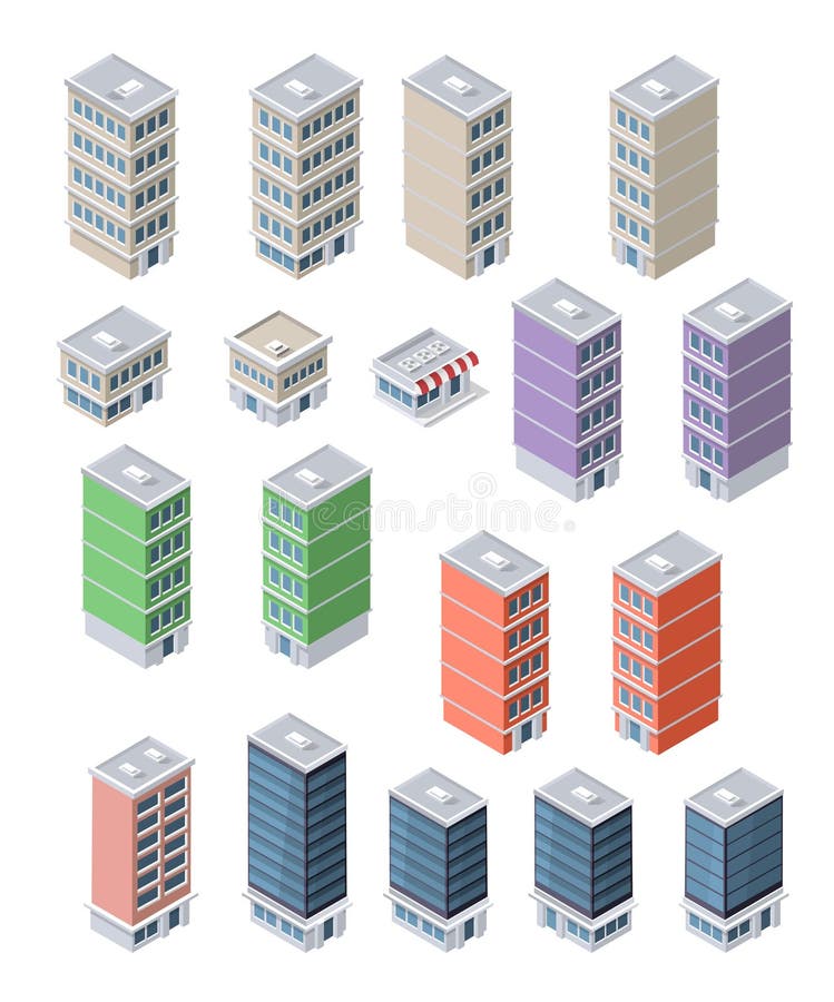 Set of Modern Isometric Buildings Stock Vector - Illustration of city ...