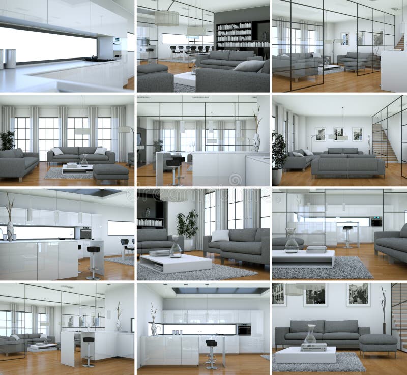 Set of Modern Loft Interior Design Stock Illustration - Illustration of ...