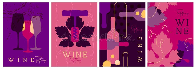 Set of Modern Magazine Covers or Posters with Wine Bottles and Glasses ...