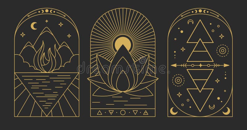 Set of Modern Magic Witchcraft Cards with Four Elements and Lotus. Line Art Occult Illustration ...