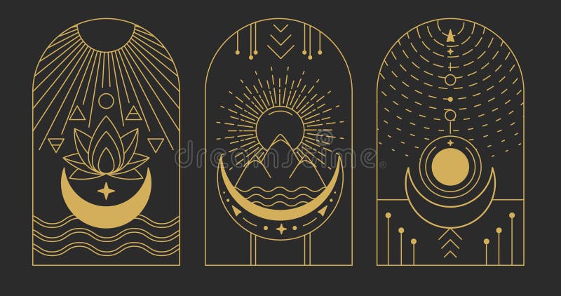 Set of Modern Magic Witchcraft Cards with Four Elements and Lotus. Line Art Occult Illustration ...