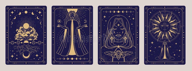 Set of Modern Magic Witchcraft Cards with Wizard, Oak, the Four ...