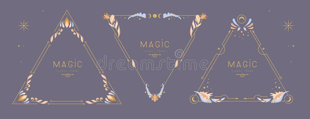 Set of Modern Magic Witchcraft Triangle Frames with Floral Elements and ...