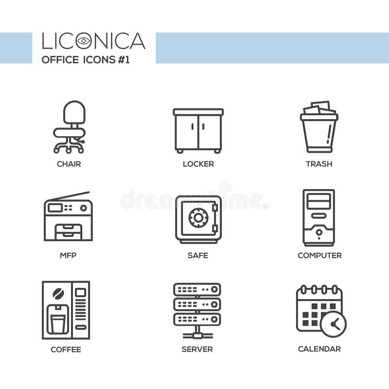 Set of Modern Office Line Flat Design Icons and Pictograms Stock Vector ...