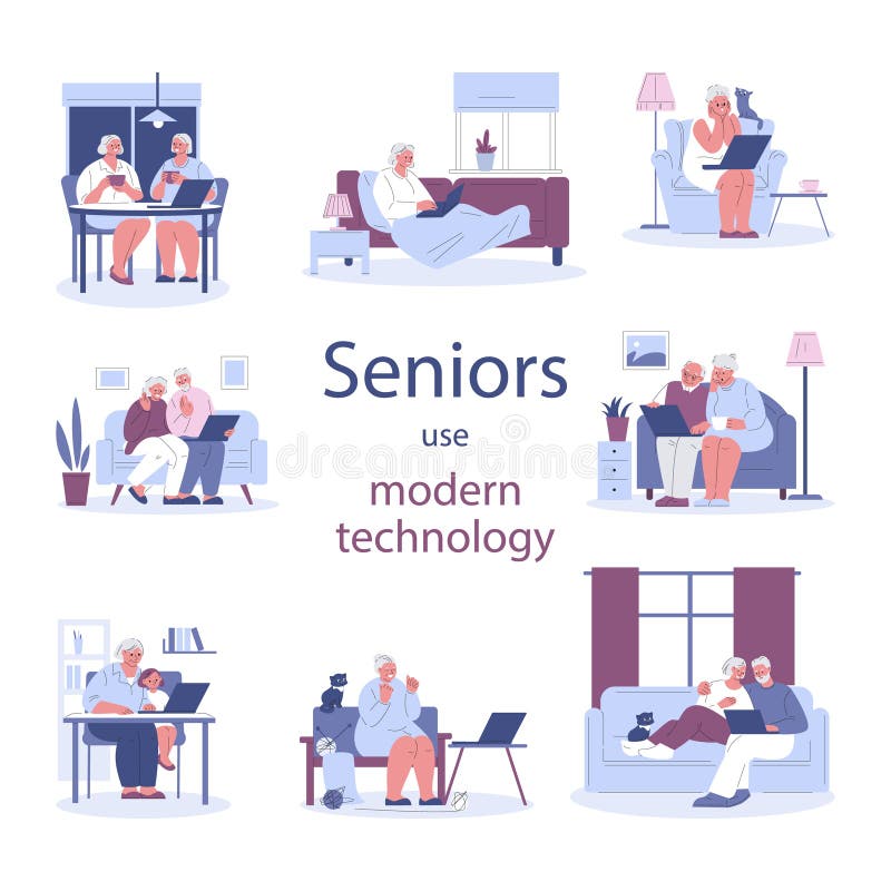Set of Modern Seniors with Laptop. Internet Technologies for the ...