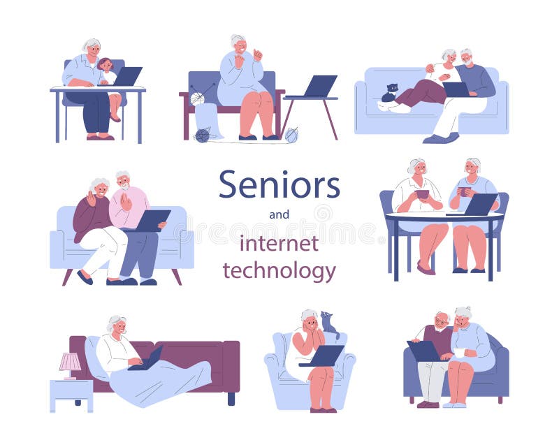 Set of Modern Seniors with Laptop. Internet Technologies for the ...