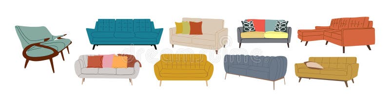 Set of Modern Sofas Different Types and Colors. Stock Vector ...