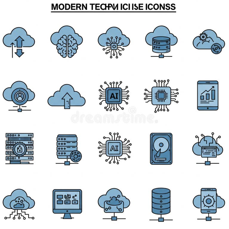 Set of Modern Tech Icons Featuring Cloud Computing, Artificial Intelligence (AI) Chips, Stock ...
