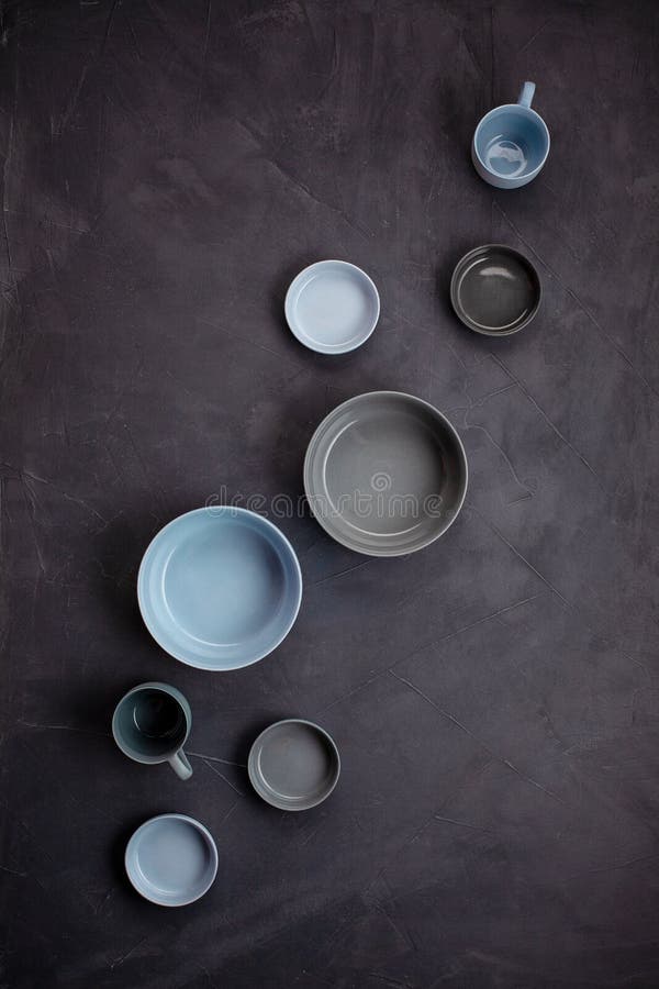Top View of Modern Trendy Plates in Bleu and Grey Colors. Minima Stock ...